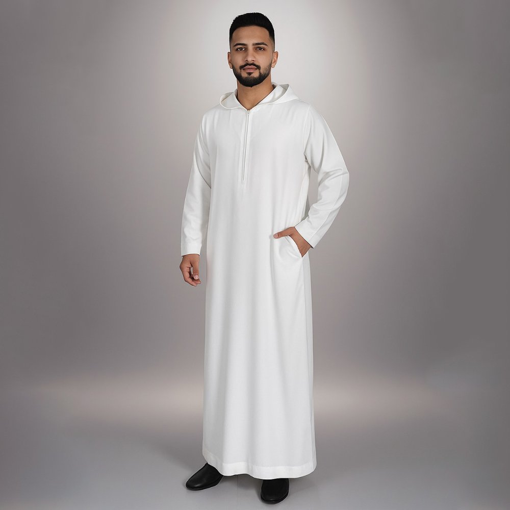 off white arabic style men's hooded thobe